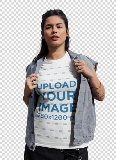 Placeit - Transparent Round Neck Tee Mockup of a Woman with a Denim ...