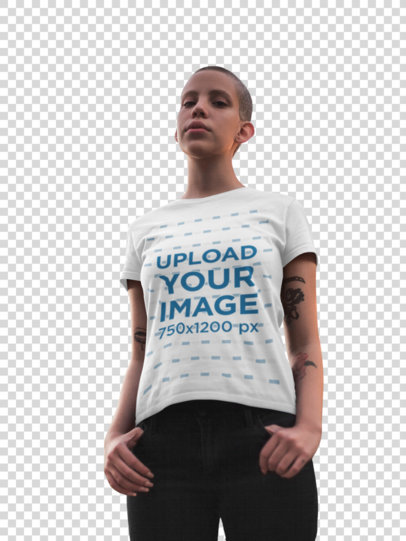 Placeit - Transparent Tee Mockup of a Woman with a Buzz Cut Hairstyle
