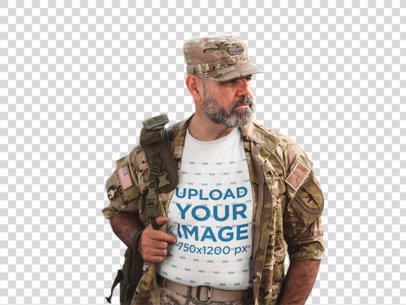 Placeit - Transparent Urban T-Shirt Mockup Featuring a Soldier in Army Gear