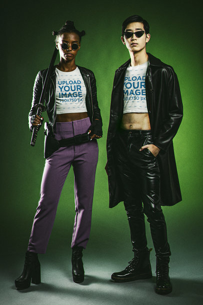 Placeit - Crop Top Mockup of a Couple in Outfits Inspired by Matrix