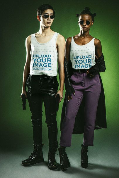 Placeit - Tank Top Mockup of a Man and a Woman Dressed Like Action ...