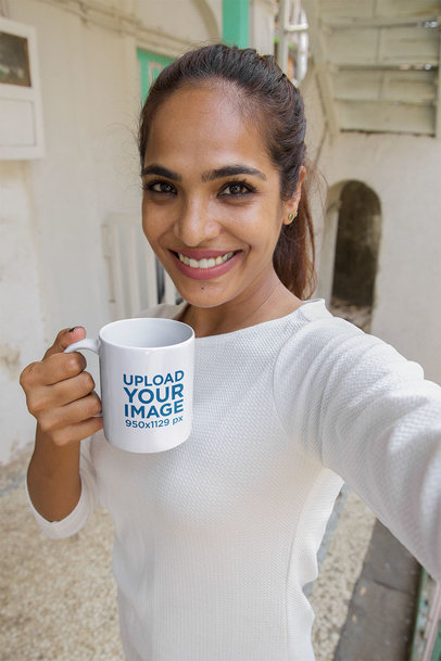 Placeit - 11 oz Coffee Mug Mockup Featuring a Happy Woman Taking a ...