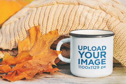 Placeit - Enamel Mug Featuring a Fall-Themed Composition
