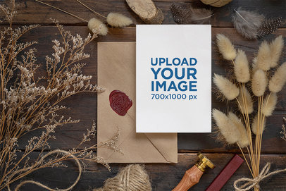 Placeit - Wedding Program Mockup Featuring Some Feathers and Plants