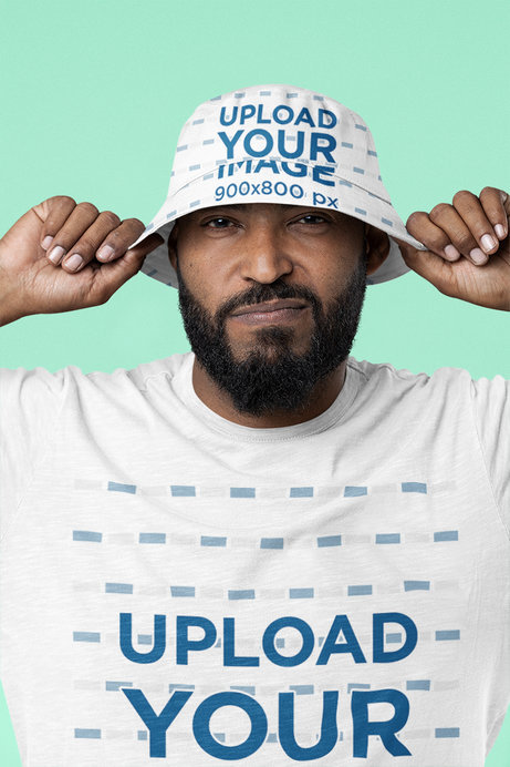 Placeit - Bucket Hat and T-Shirt Mockup Featuring a Bearded Man Posing