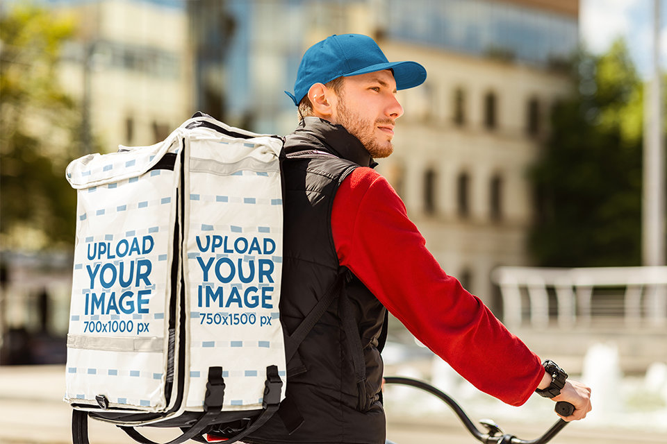 Placeit - Delivery Backpack Mockup Featuring a Serious Bearded Man on a ...