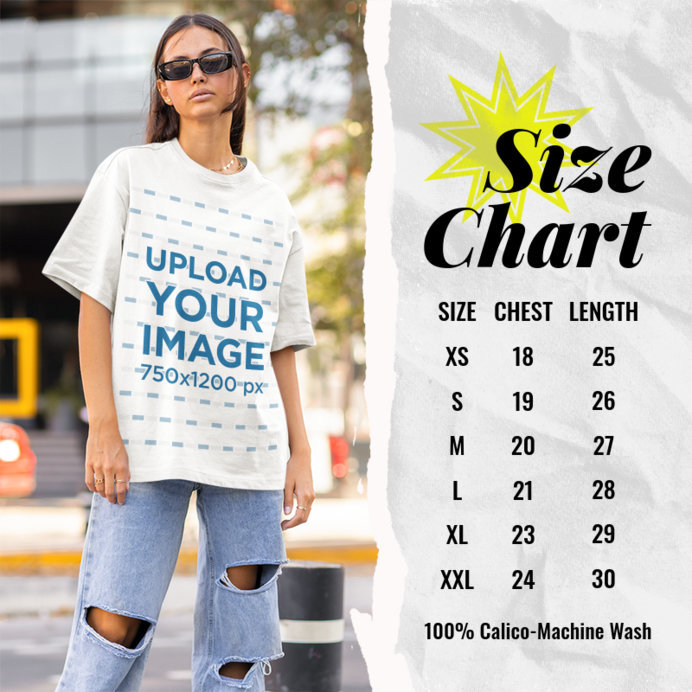 Placeit - T-Shirt Mockup of a Serious Woman Featuring a Size Chart