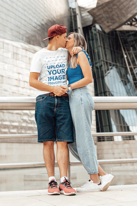 Placeit - Round-Neck Tee Mockup of a Man Kissing His Girlfriend by a ...