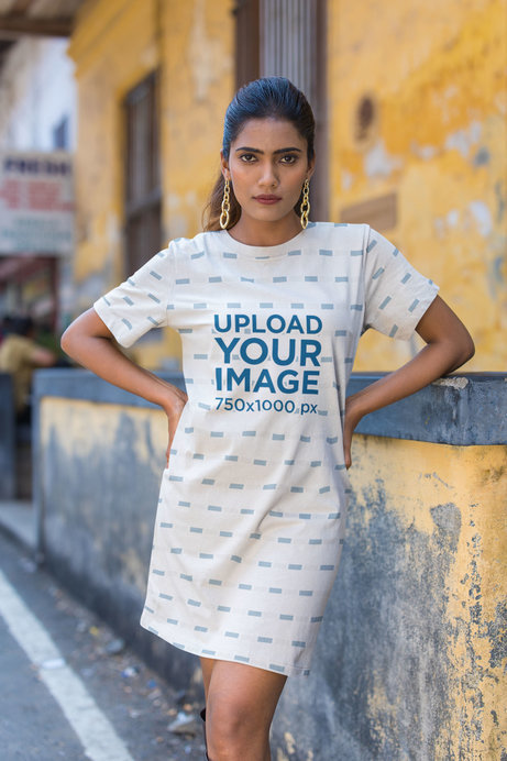 Placeit - T-Shirt Dress Mockup Featuring a Woman With Big Earrings