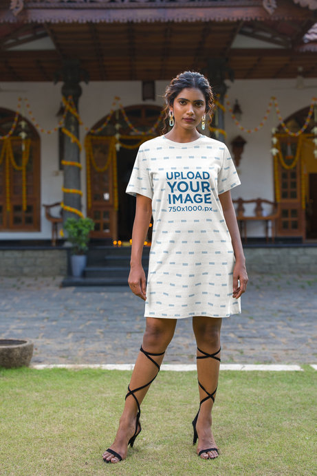 Placeit - Sublimated T-Shirt Dress Mockup of a Stylish Woman Posing ...