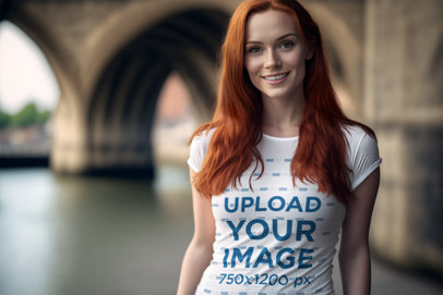 Placeit - Round-Neck Tee Mockup of an AI-Created Woman with Red Hair ...