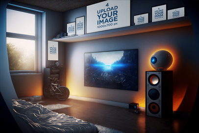 Placeit - AI-Generated Mockup Featuring Art Prints on a Gaming Setting