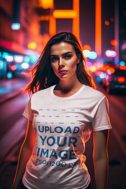 Placeit - AI-Generated Mockup of a Woman in a Round-Neck Tee at Night