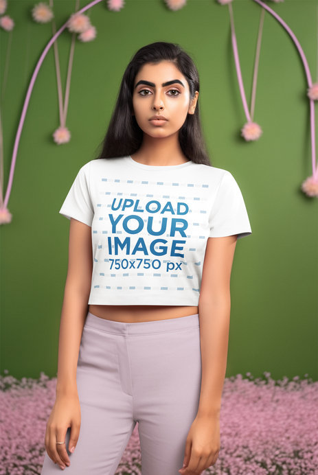 Placeit - Crop Top Mockup Featuring an AI-Generated Woman Surrounded by ...
