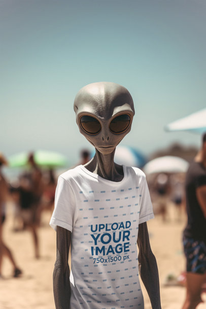 Placeit - AI-Generated Mockup of an Alien Wearing a T-Shirt at the Beach