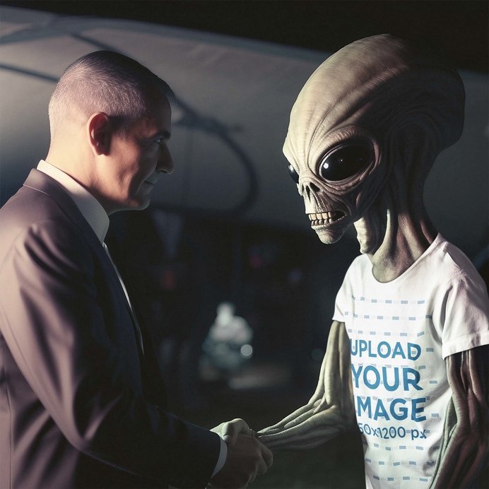 Placeit - Crewneck Tee Mockup Featuring an AI-Generated Alien Shaking ...