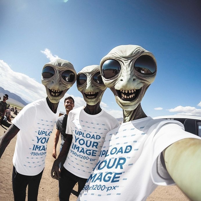 Placeit - AI-Generated T-Shirt Mockup Featuring Three Happy Alien ...