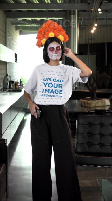 Placeit - Spooky Video of a Woman in a Catrina Costume Wearing a T-Shirt
