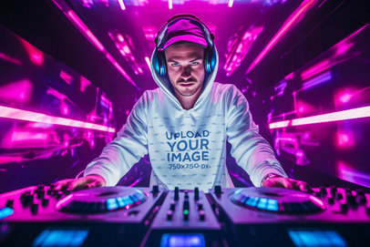Placeit - Hoodie Mockup Featuring an AI-Generated DJ Man Mixing Some Beats