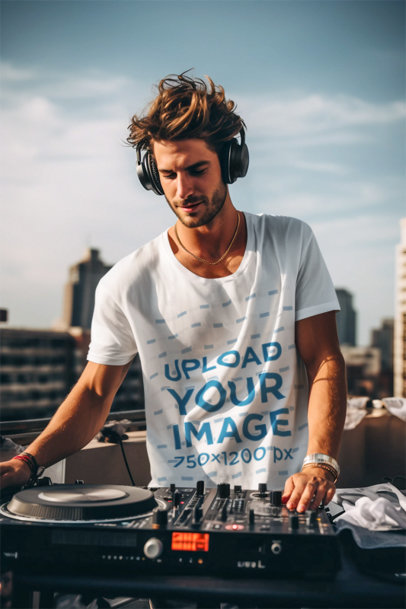 Placeit - AI-Generated T-Shirt Mockup of a DJ Playing on a Rooftop