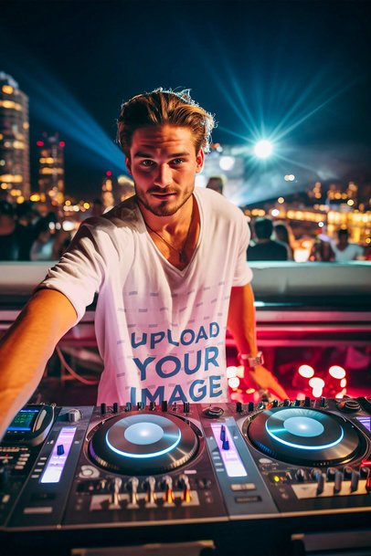 Placeit - Mockup of a DJ Wearing a V-Neck T-Shirt with Rolled-Up Long ...