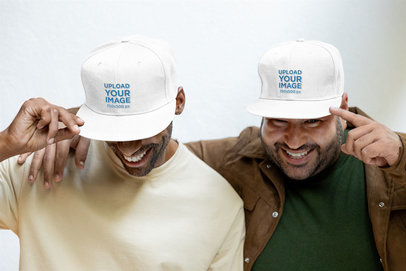 Placeit - Mockup of Two Happy Friends Wearing Matching Snapback Hats