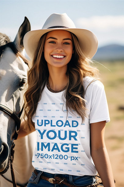 Placeit - Round-Neck T-Shirt Mockup of a Cheerful AI-Created Woman in a ...