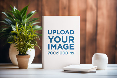 Placeit - Mockup of an AI-Created Book Standing Next to a Plant and a Pot