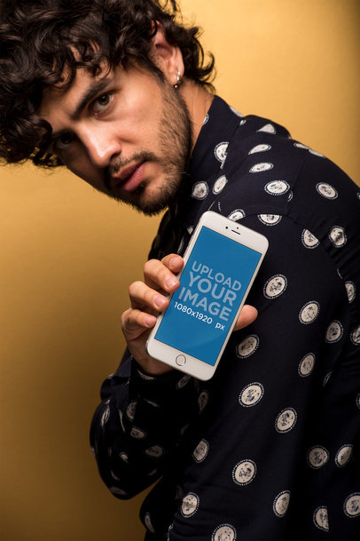 Placeit - Mockup of an iPhone 8 Plus Featuring a Man in a Patterned Shirt