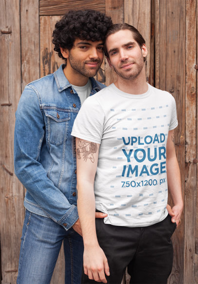 Placeit - T-Shirt Mockup of a LGBT Man Posing with His Boyfriend