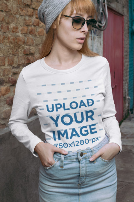 Placeit - Mockup of a Red-Haired Woman Wearing a Long Sleeve Tee and a ... Placeit - Mockup of a Red-Haired Woman Wearing a Long Sleeve Tee and a ...