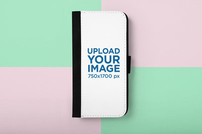 Placeit - Mockup of an iPhone 7 Wallet Case Over a Multicolored Surface