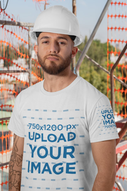 Placeit - Sleeve T-Shirt Mockup Featuring a Construction Worker on Site