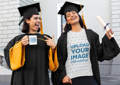 Placeit - T-Shirt and Coffee Mug Mockup of Two Women on Graduation Day