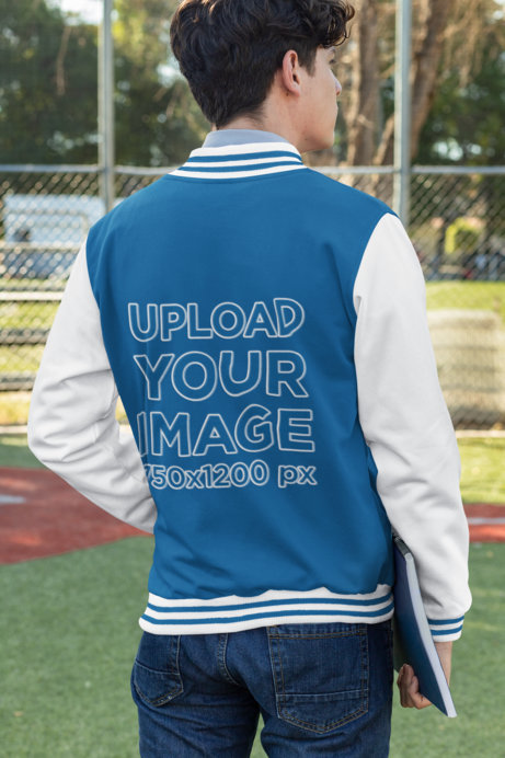 Placeit - Back-View Mockup of a Man Wearing a College Jacket