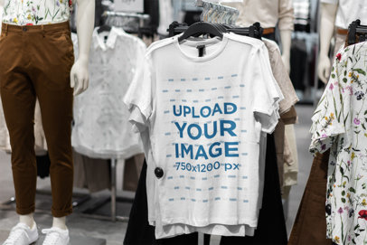 Placeit - Mockup of a T-Shirt Hanging on a Store's Rack