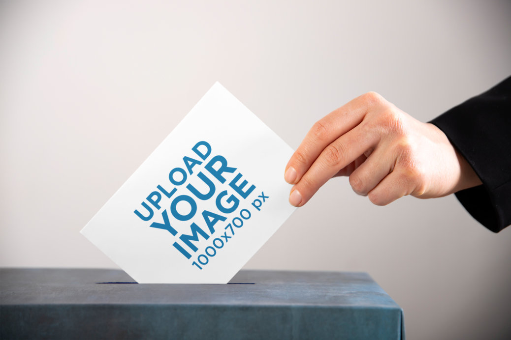 Placeit - Mockup of a Horizontal Flyer Being Placed Inside a Ballot Box
