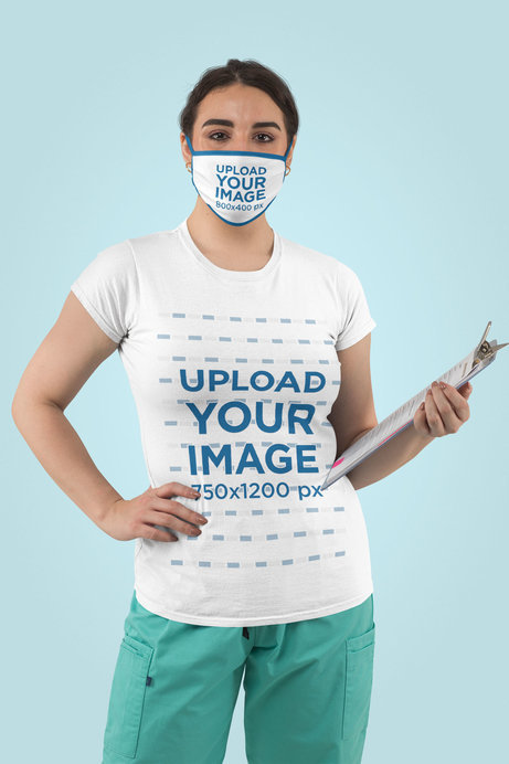 Placeit - T-Shirt and Face Mask Mockup of a Health Worker in a Studio