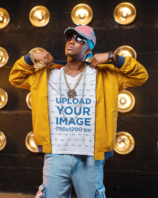 Placeit - T-Shirt Mockup of a Rapper Wearing Gold Chains on a Set