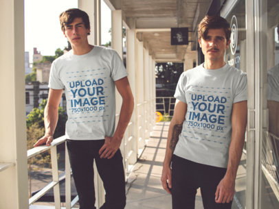 Placeit - Two Dudes Wearing Different Tees Mockup While at a Corridor