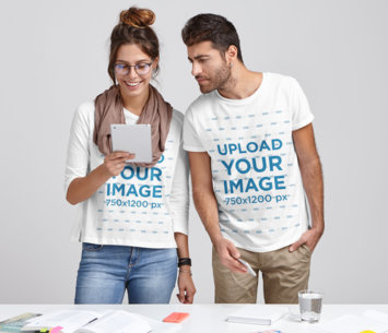 Placeit - T-Shirt and 3/4 Sleeve Tee Featuring a Man and a Woman at Work